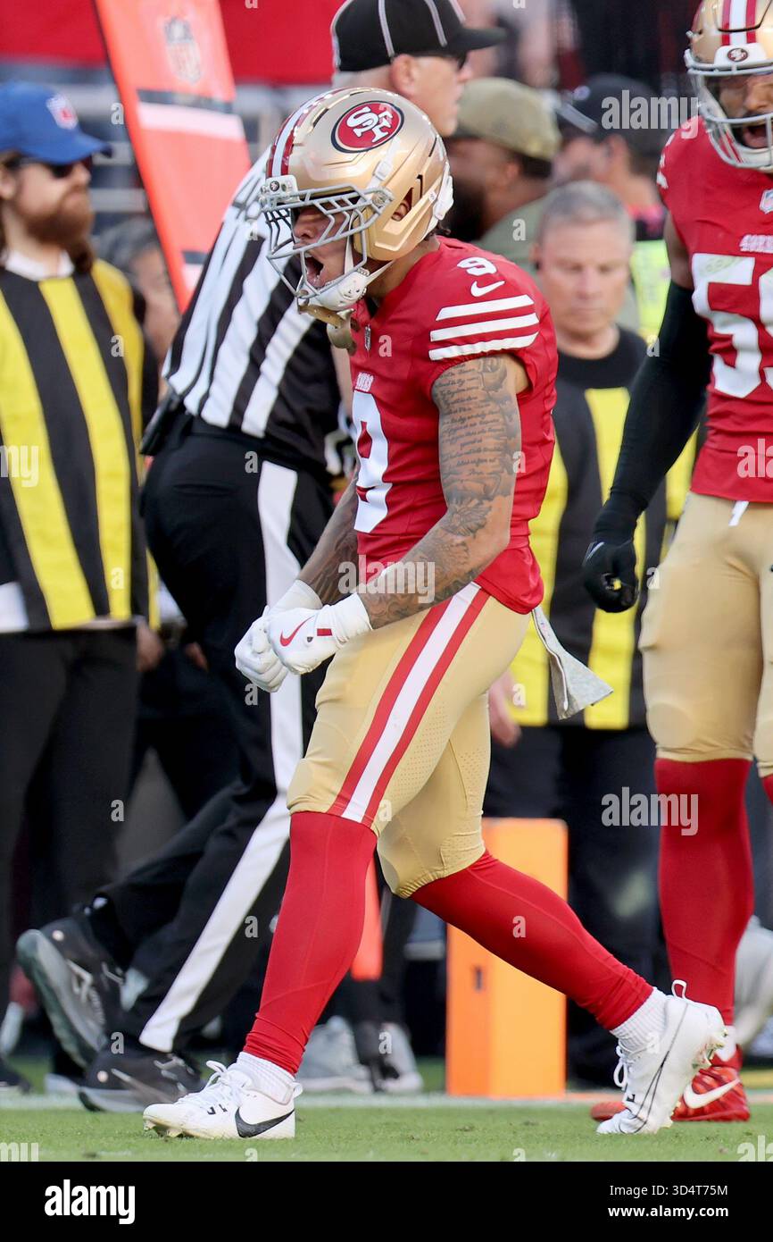 San Francisco 49ers wide receiver Skyy Moore (9) reacts after a play ...