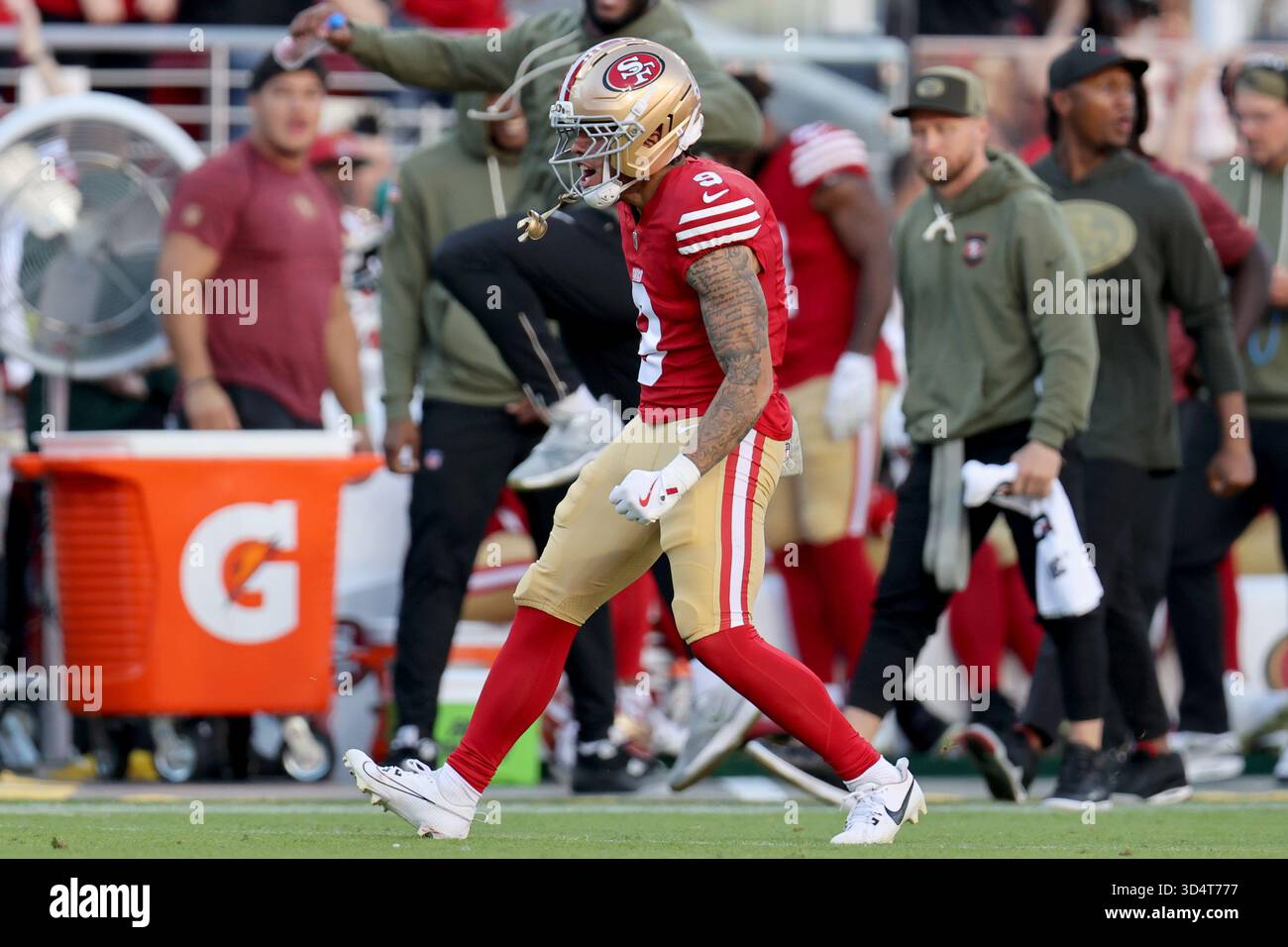San Francisco 49ers wide receiver Skyy Moore (9) reacts after a play ...