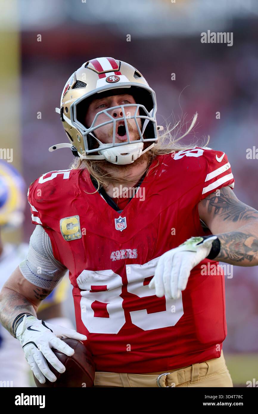 San Francisco 49ers tight end George Kittle (85) reacts after a first ...