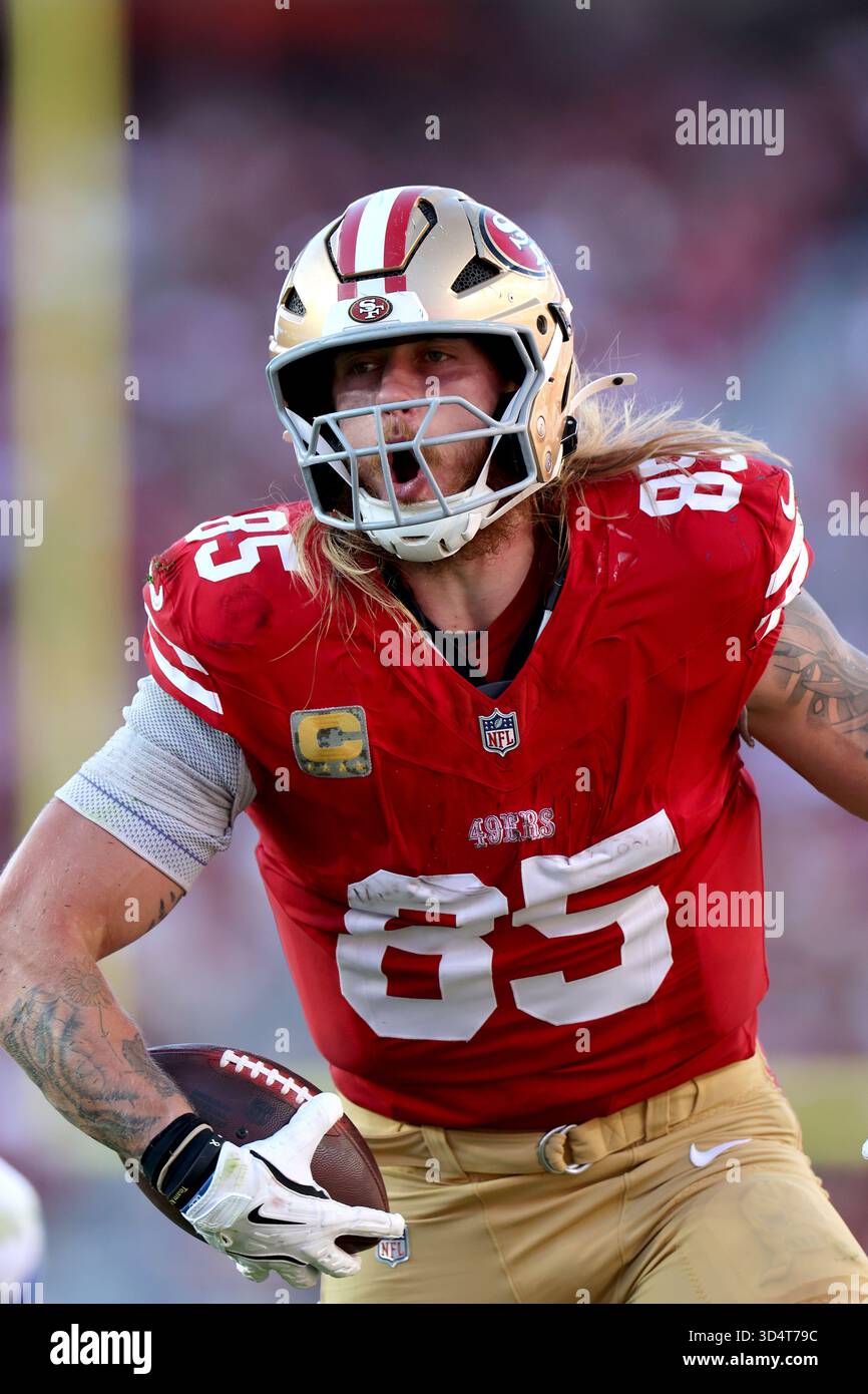 San Francisco 49ers tight end George Kittle (85) reacts after a first ...