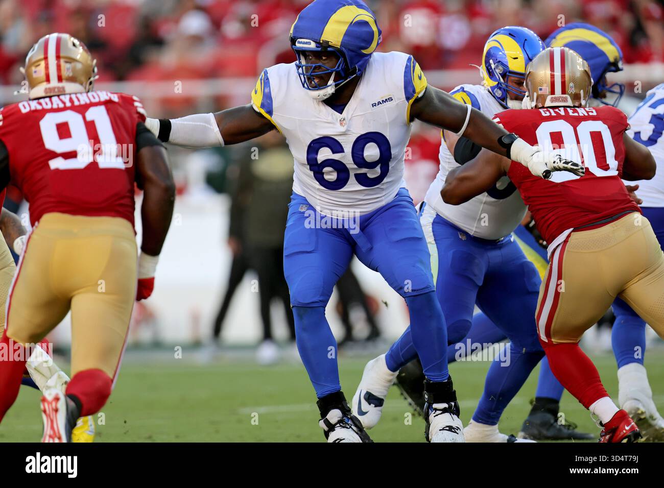 Los Angeles Rams guard Kevin Dotson (69) blocks during an NFL football game against the San ...