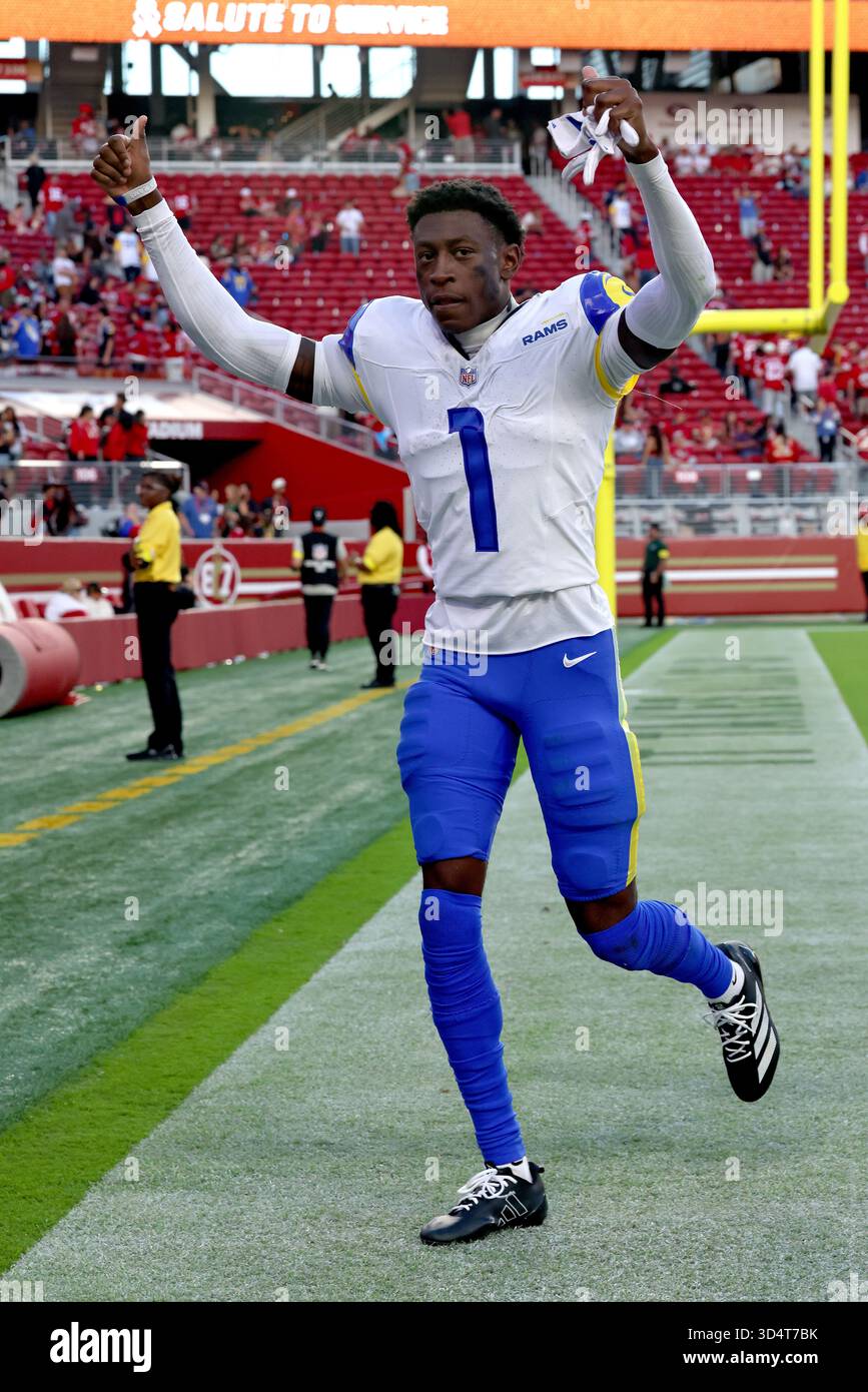 Los Angeles Rams cornerback Emmanuel Forbes Jr. (1) walks off the field ...