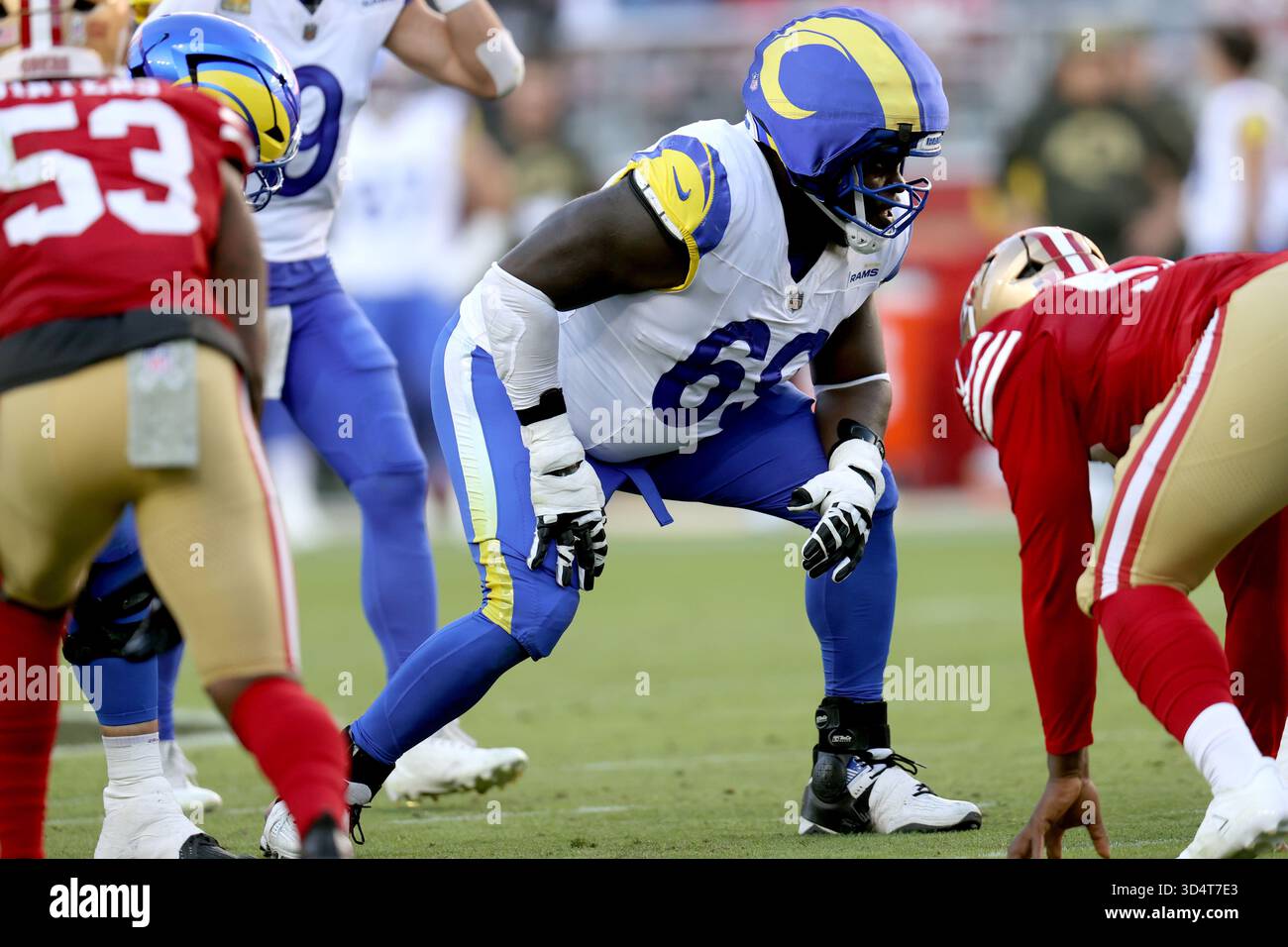 Los Angeles Rams guard Kevin Dotson (69) lines up during an NFL football game against the San ...