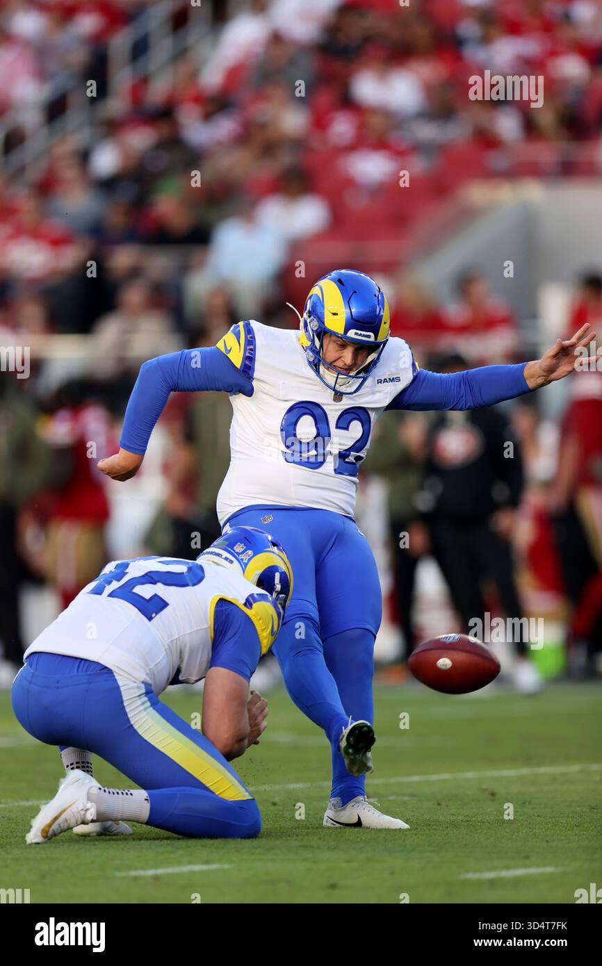 Los Angeles Rams kicker Harrison Mevis (92) kicks while Los Angeles ...