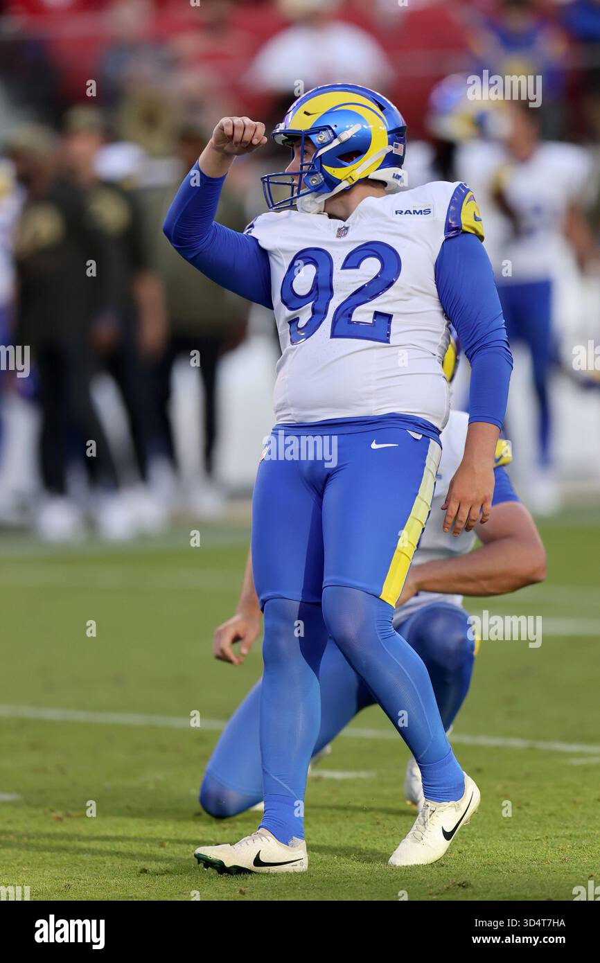 Los Angeles Rams kicker Harrison Mevis (92) kicks while Los Angeles ...