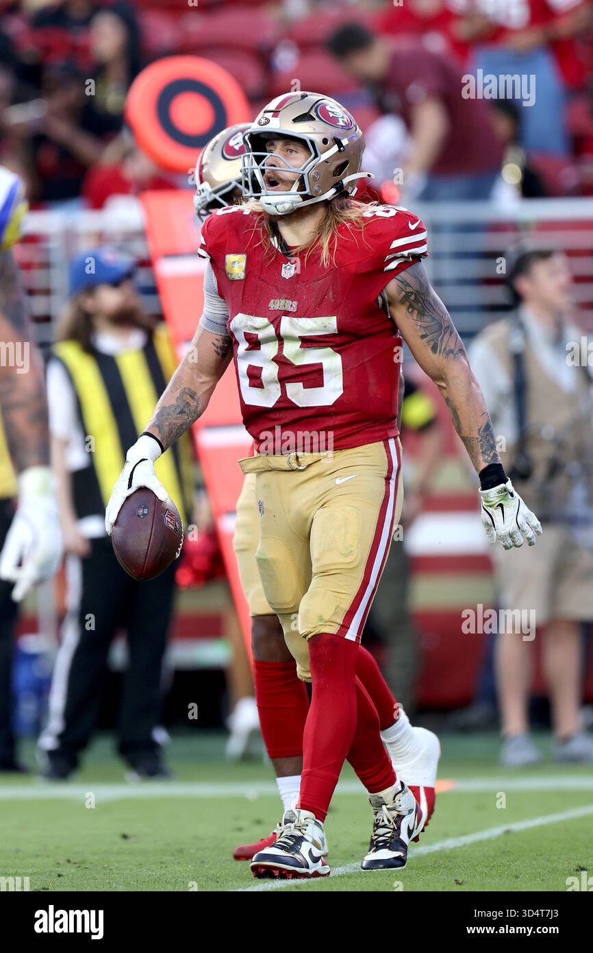 San Francisco 49ers tight end George Kittle (85) reacts after scoring a ...