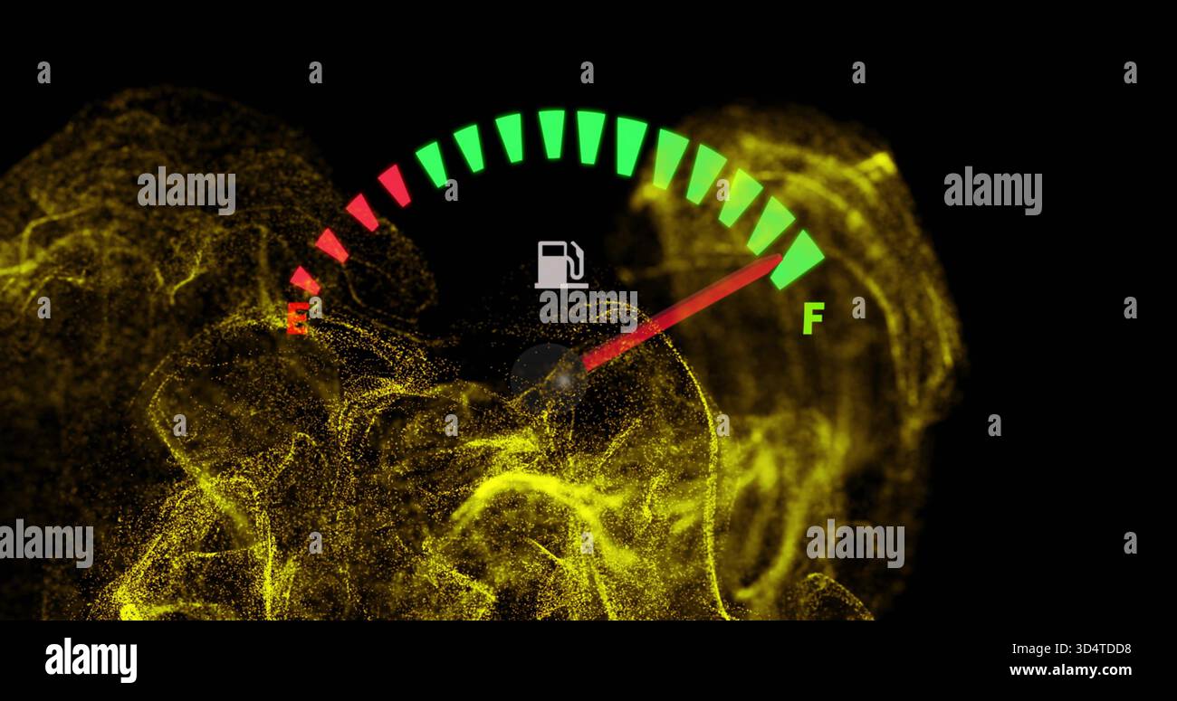 Displaying segmented fuel gauge, red needle pointing to F on black ...