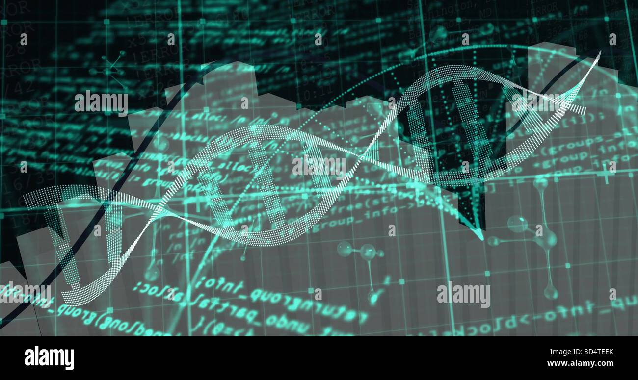 Displaying dotted double-helix DNA strand moving diagonally across data ...