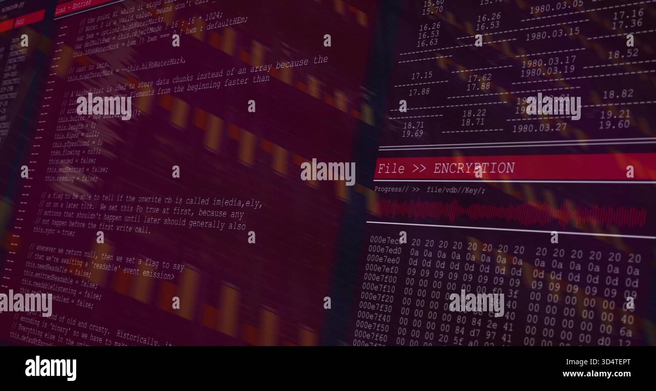Showing computer screen displaying encryption interface at security console with code and hex ...