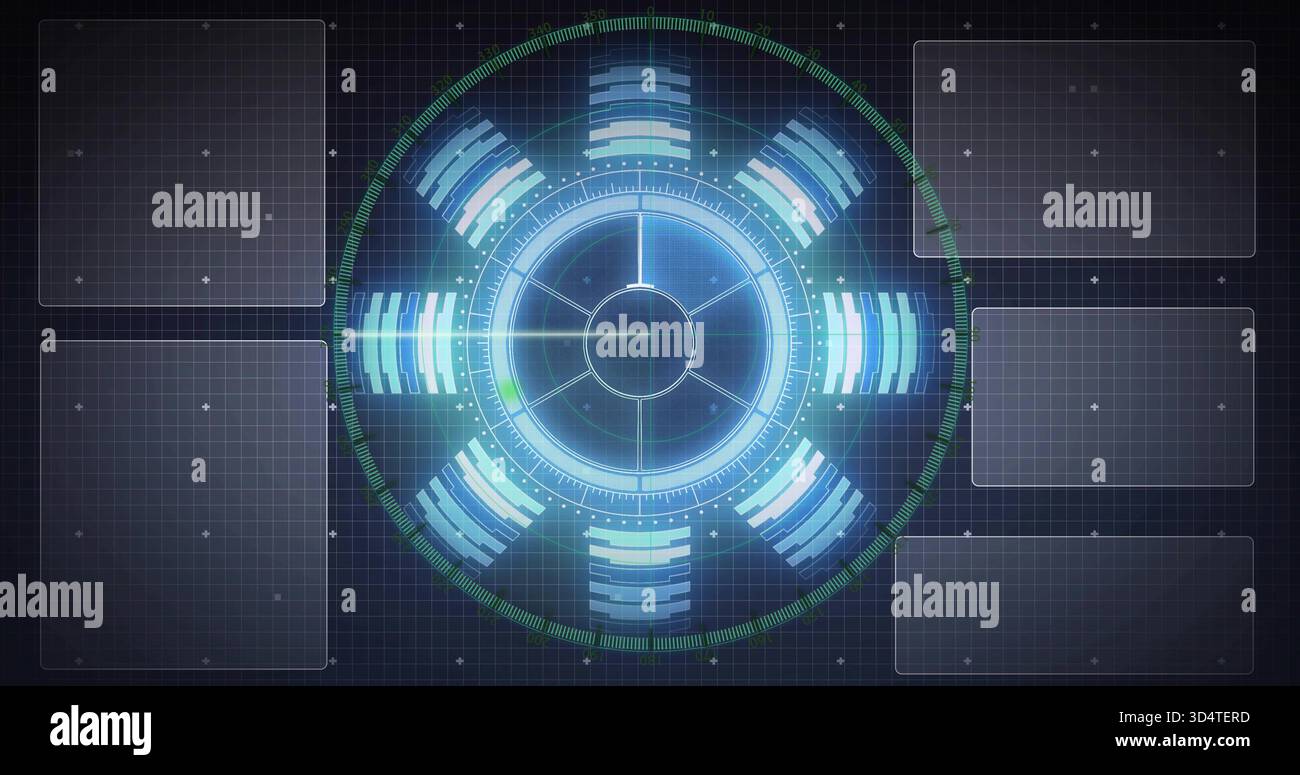 Displaying central HUD projecting concentric rings, crosshair and six ...