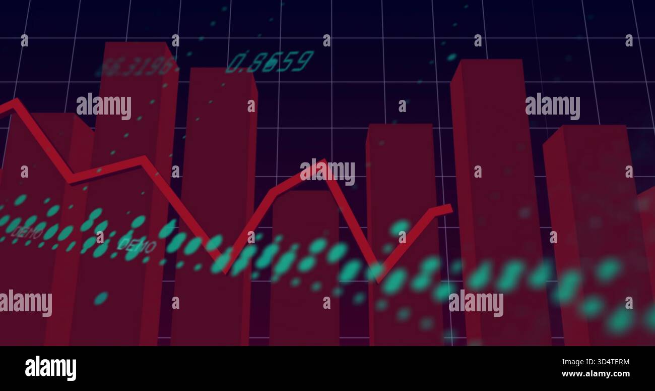 Displaying central chart with red 3D bars and red line on dark grid ...