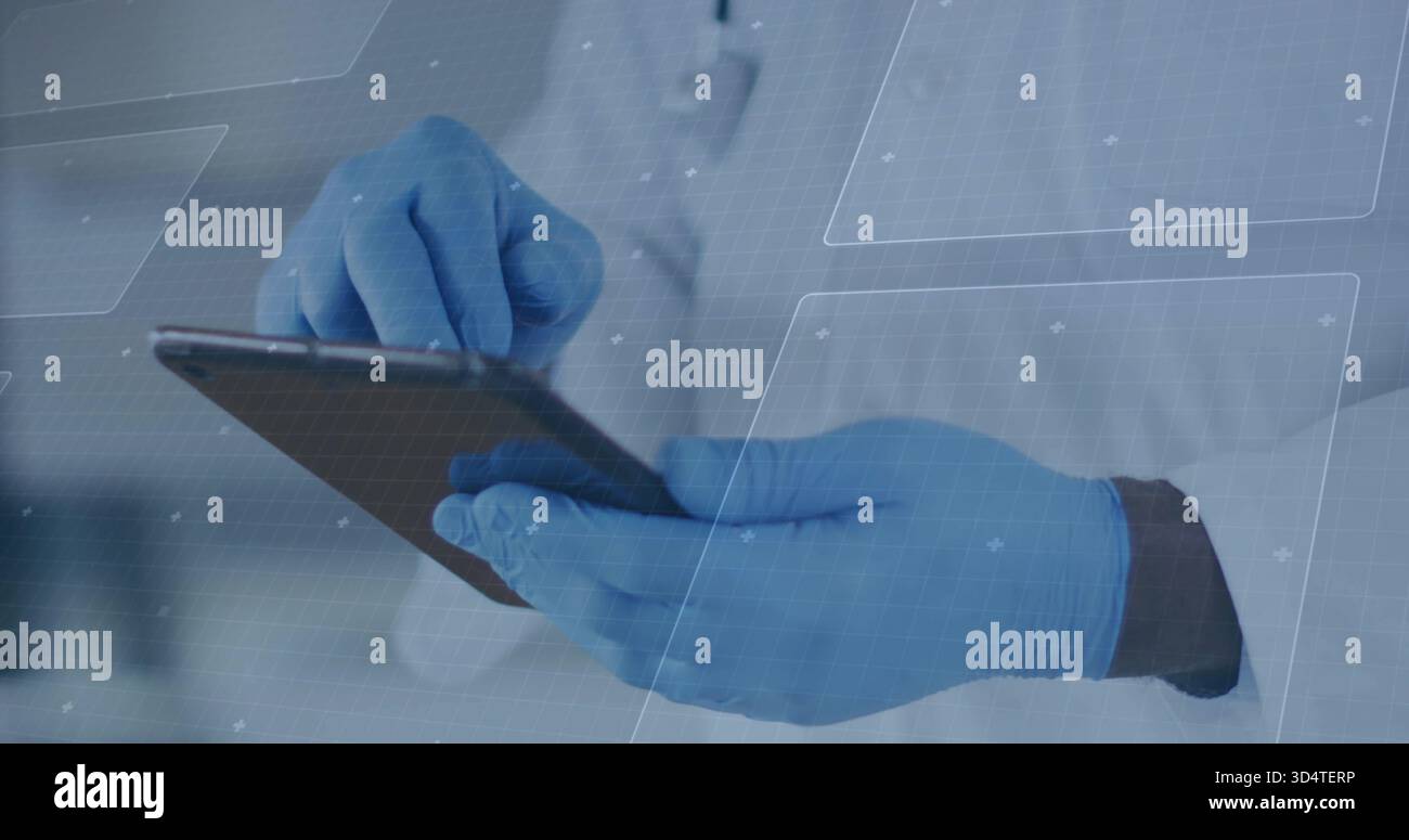 Tapping tech wearing blue nitrile gloves and lab coat in lab, operating ...
