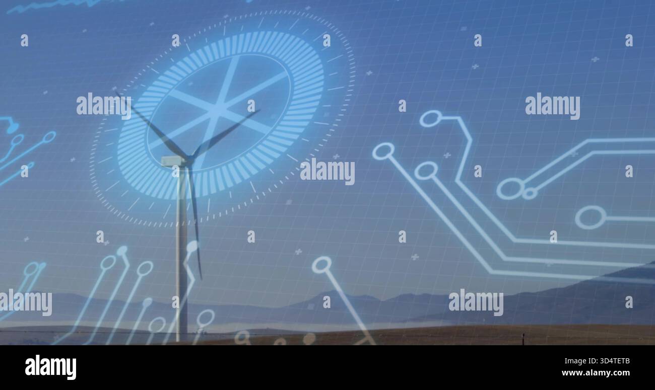 Standing utility-scale wind turbine rotating on arid plain with ...