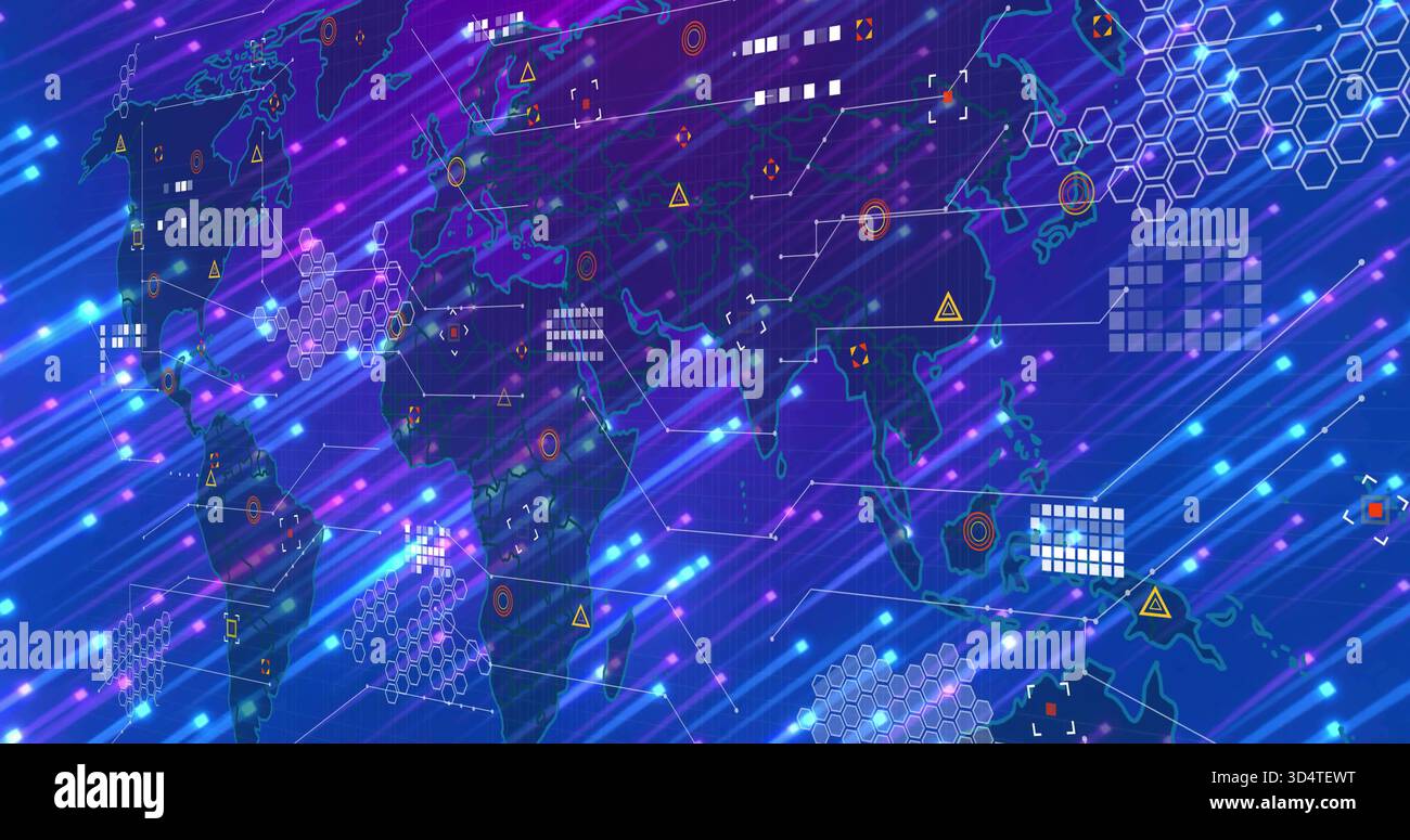 Displaying stylized world map centering on deep blue purple gradient ...
