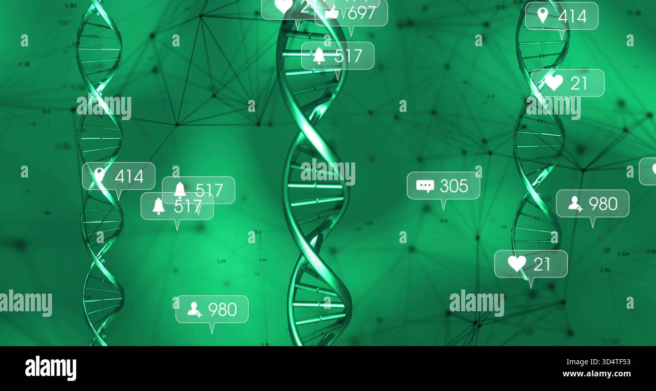 Displaying three DNA helices with central helix glowing in data network ...