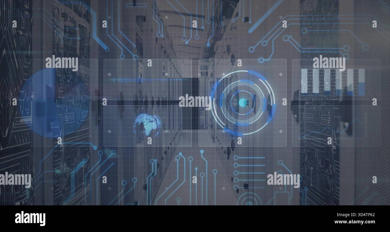 Displaying HUD with globe, radar, chart over server racks, cables, LEDs ...