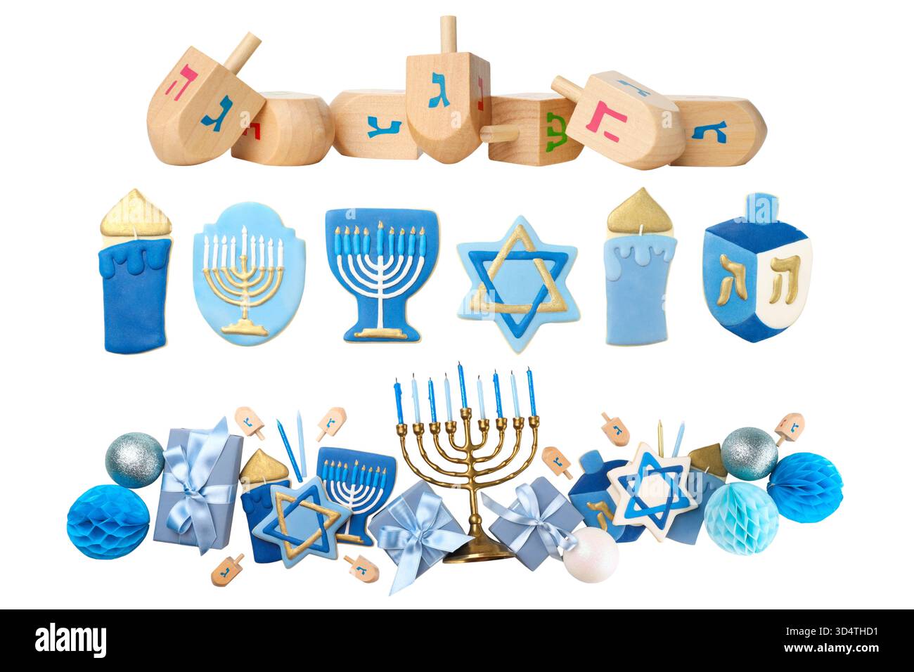 Set, Hanukkah symbols: dreidels, menorahs, and decor, isolated, PNG ...