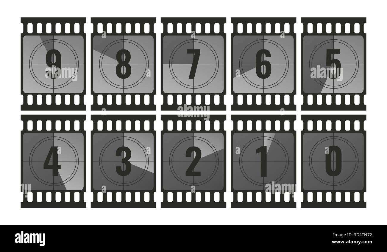 Collection of countdown film strip frames with numbers. From 9 to 0 ...