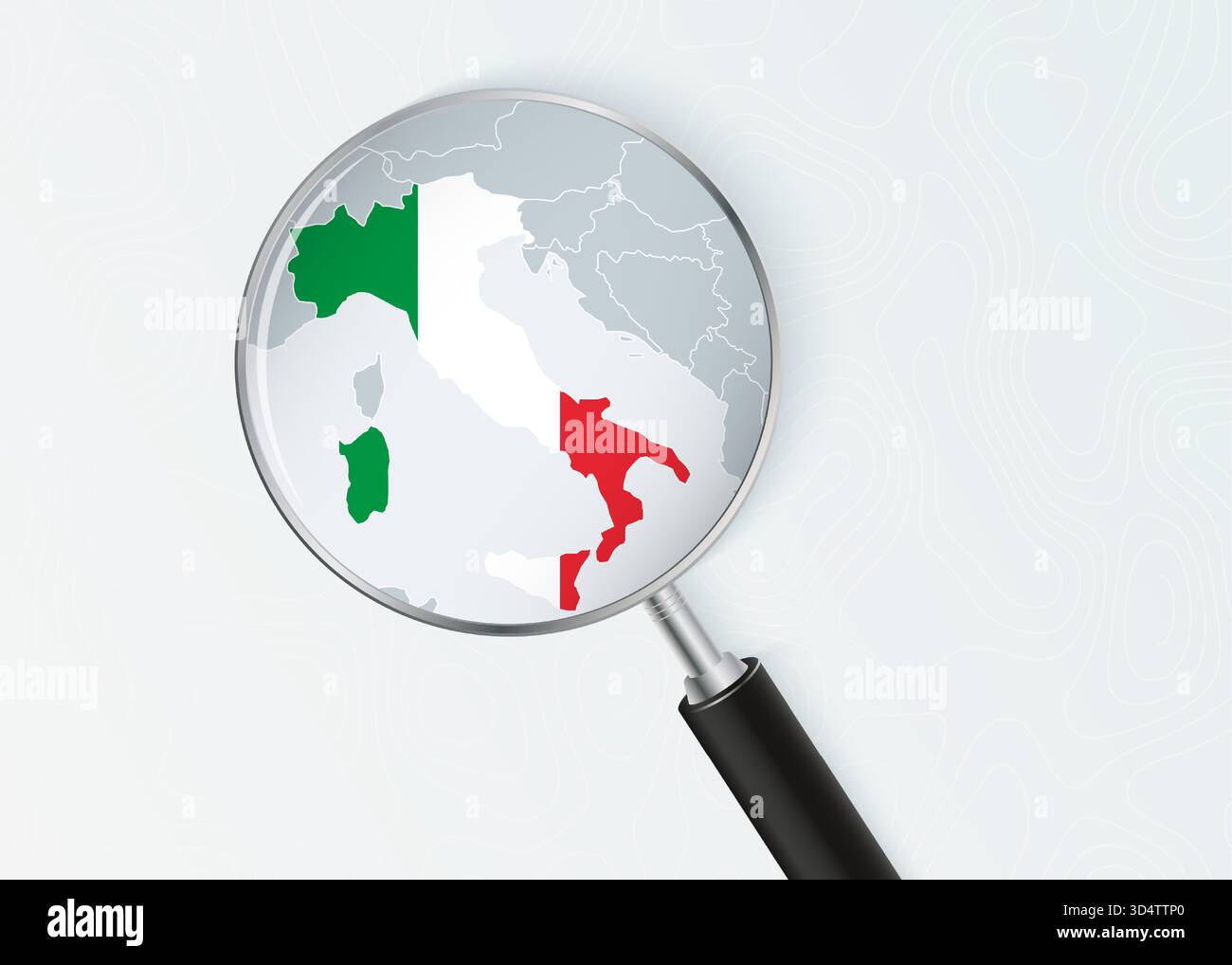 Italy Map Under Magnifying Glass with National Flag Overlay. The image ...