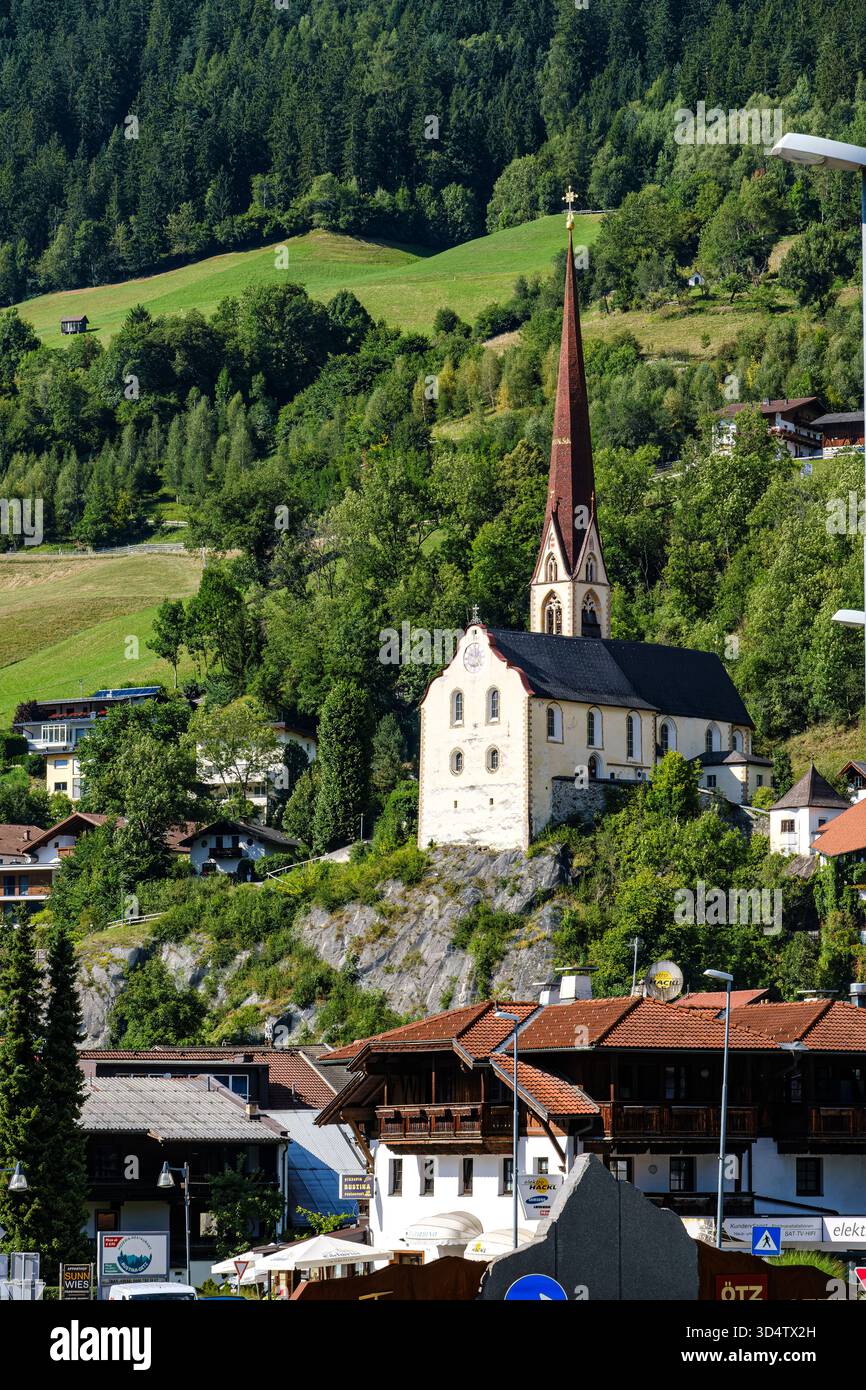 Town centre of Oetz in the Oetz Valley, Tyrol, Austria, with a view of ...