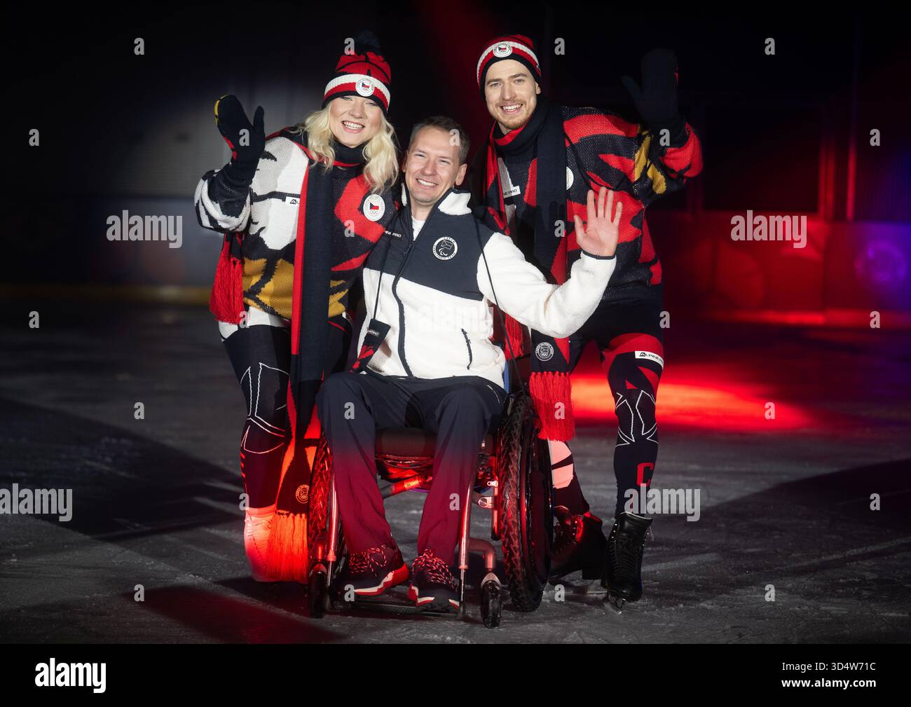 Figure skaters Natalie and Filip Taschler and Petr Drahos on wheelchair ...