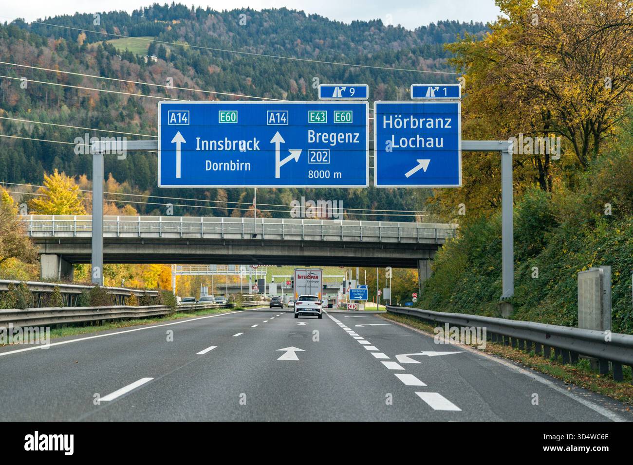Autobahn, Wegweiser, A14, E60, E43, Pfänder, Pfändertunnel, Innsbruck ...
