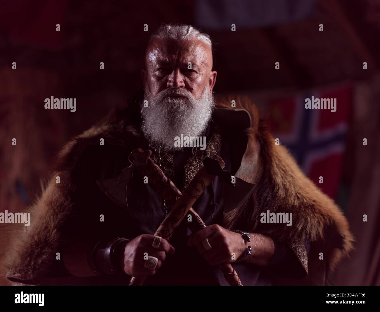 A formidable Viking chieftain with a striking white beard and braided ...