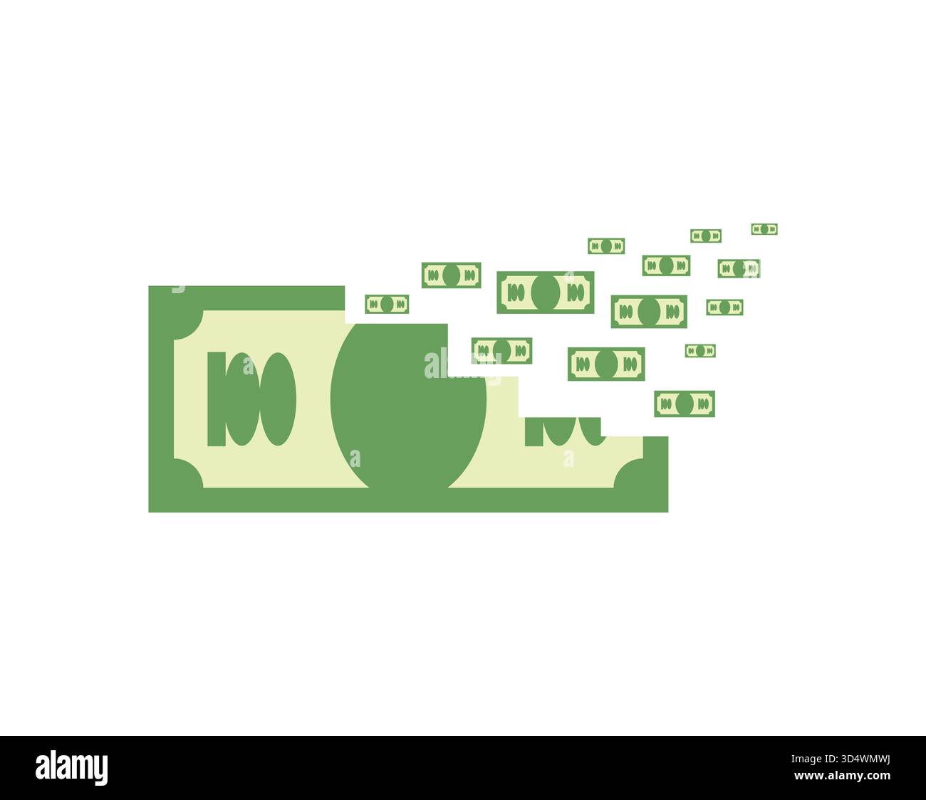 Big dollar bill breaking into smaller ones. Symbol of money exchange ...
