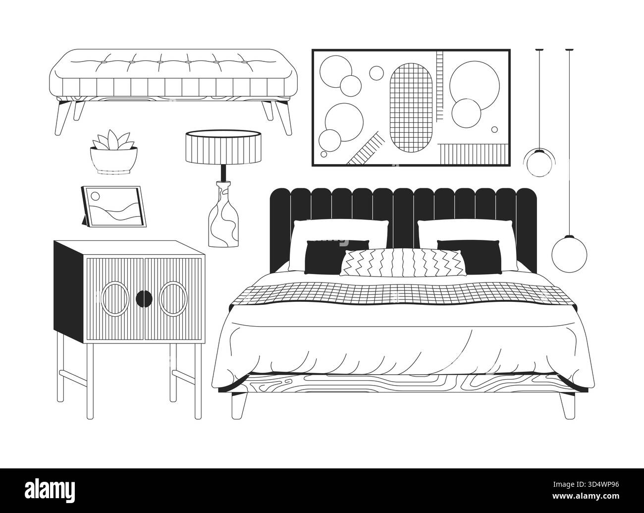 Modern cozy bedroom interior 2D line objects set Stock Vector Image ...