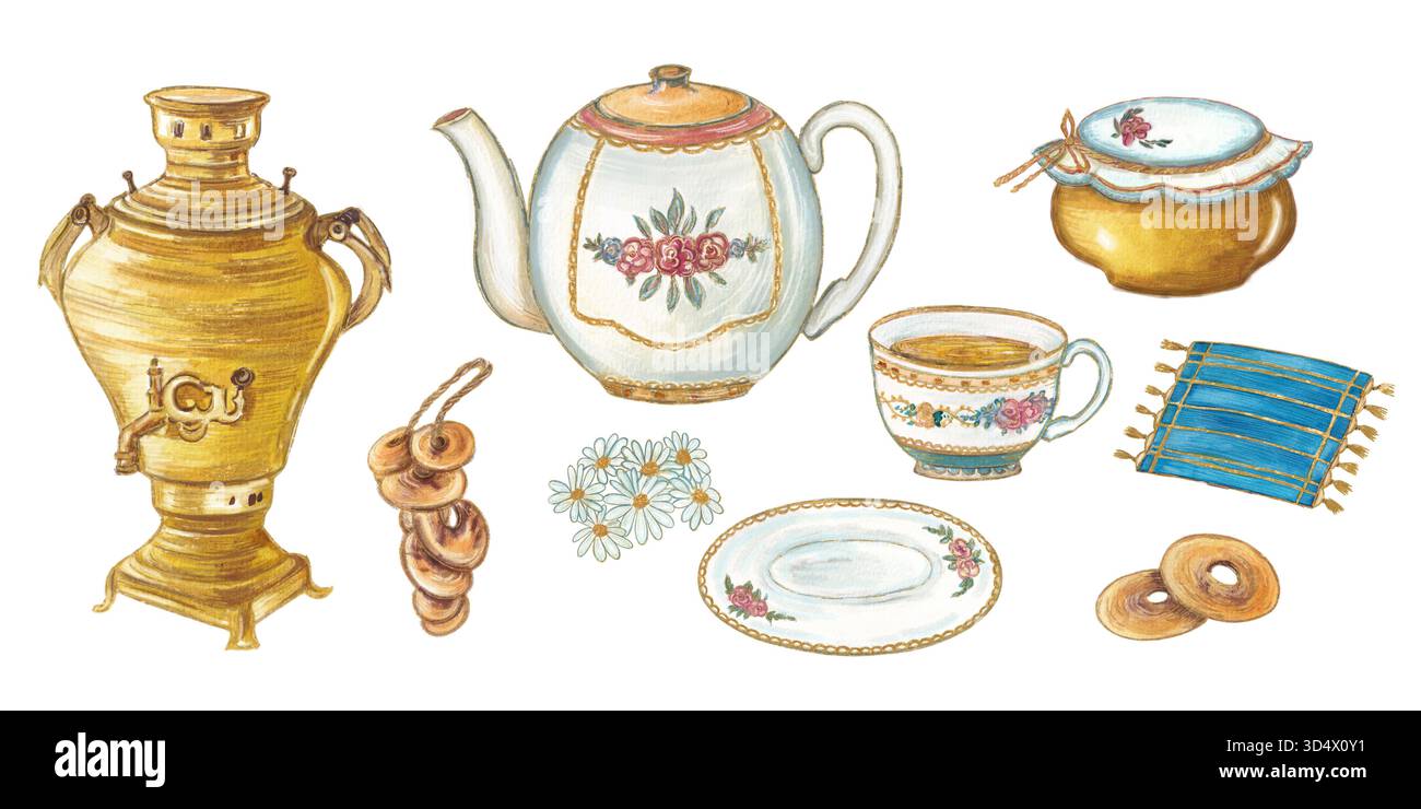 Watercolor illustration of a traditional Russian tea set with samovar ...