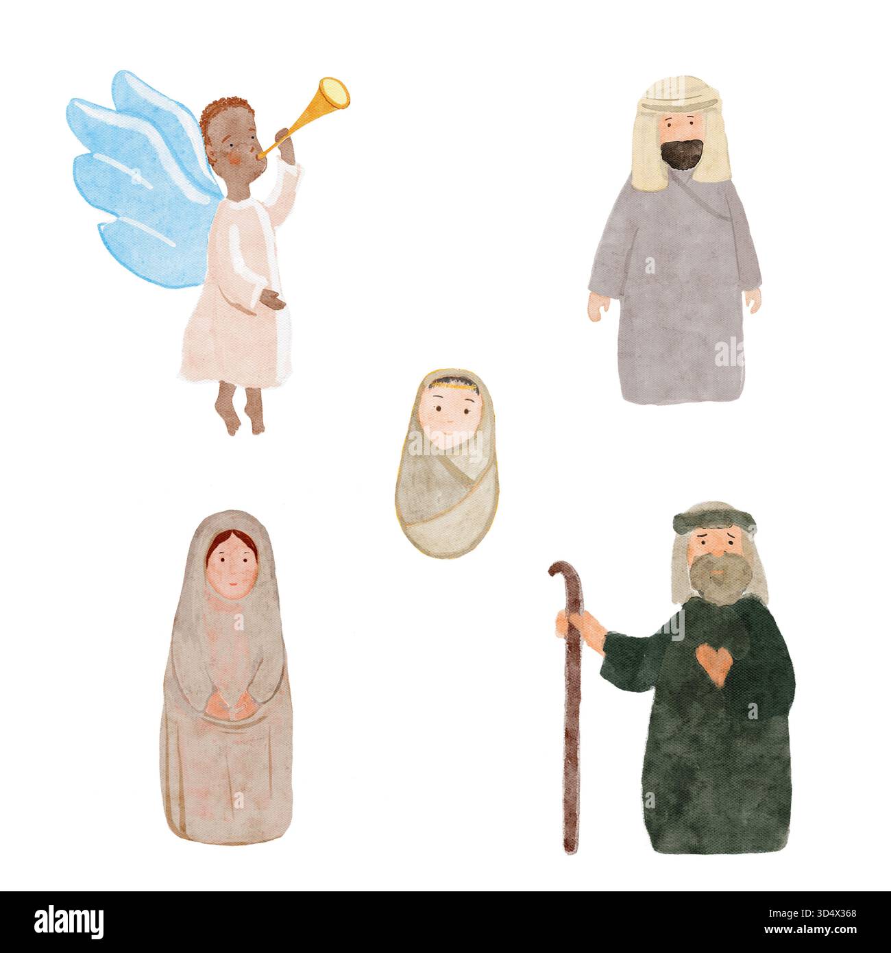 Mary, Joseph, baby Jesus, shepherd, and angel with trumpet. Watercolor ...