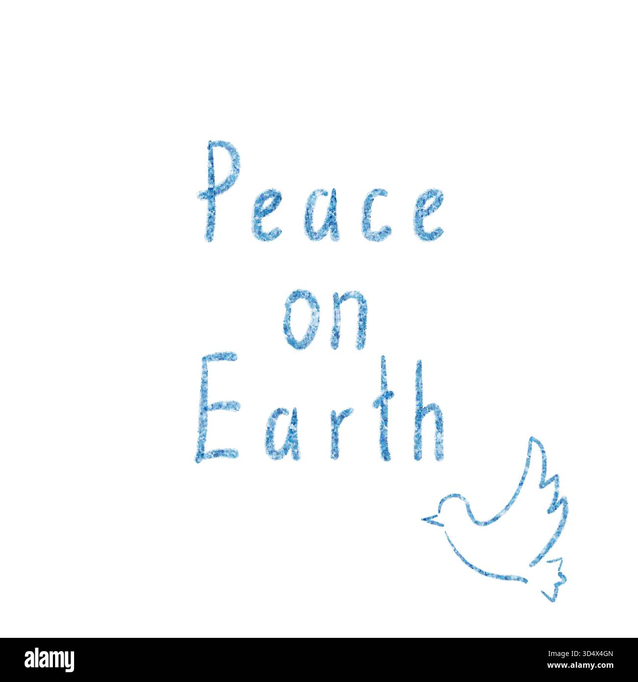 Blue crayon lettering Peace on Earth with a simple dove sketch on white ...