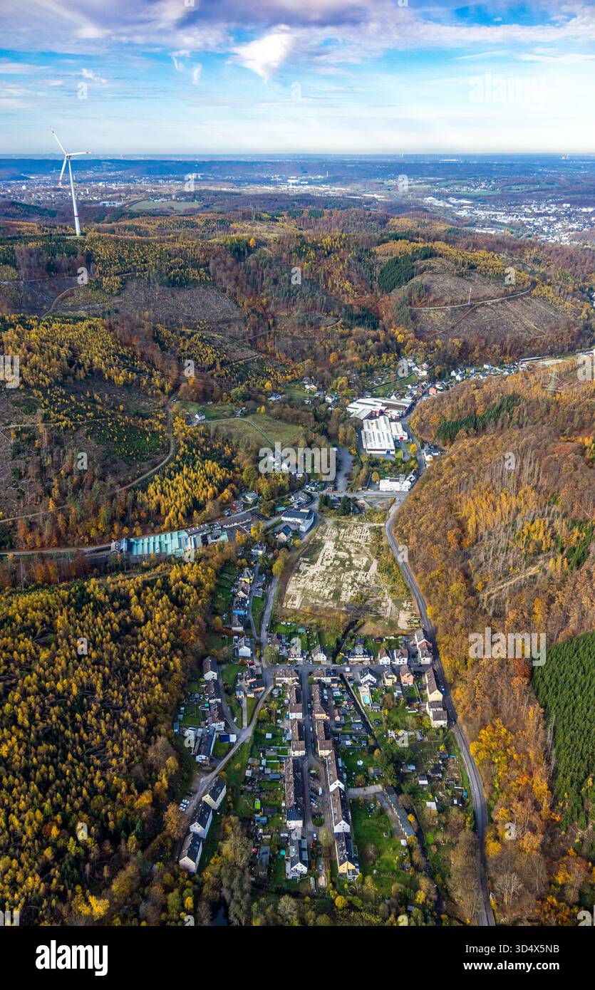 Luftbild, Wohngebiet Nahmerbach und Brachfläche, herbstlicher Wald mit ...