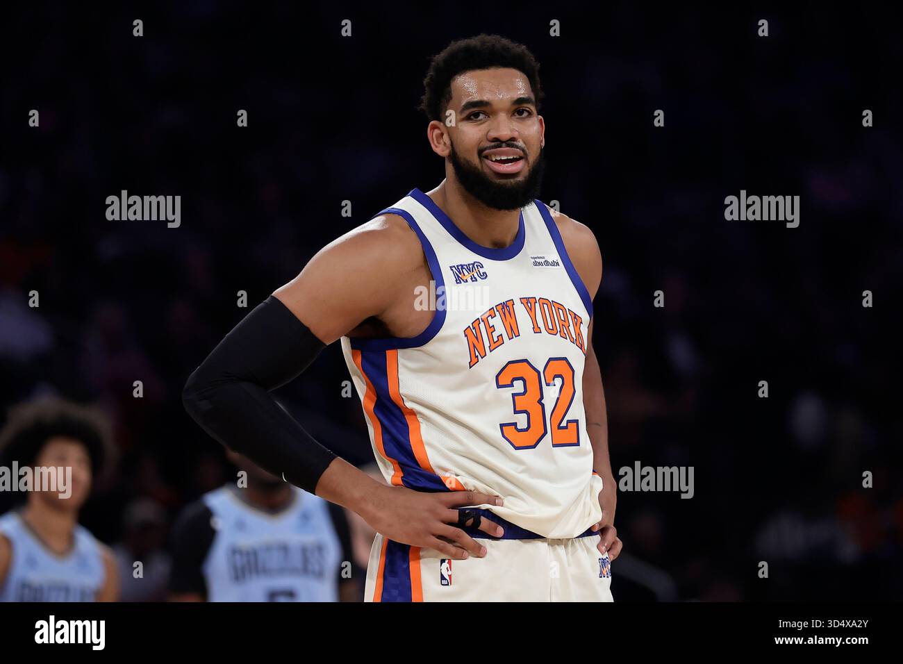 New York Knicks center Karl-Anthony Towns (32) reacts during the first ...