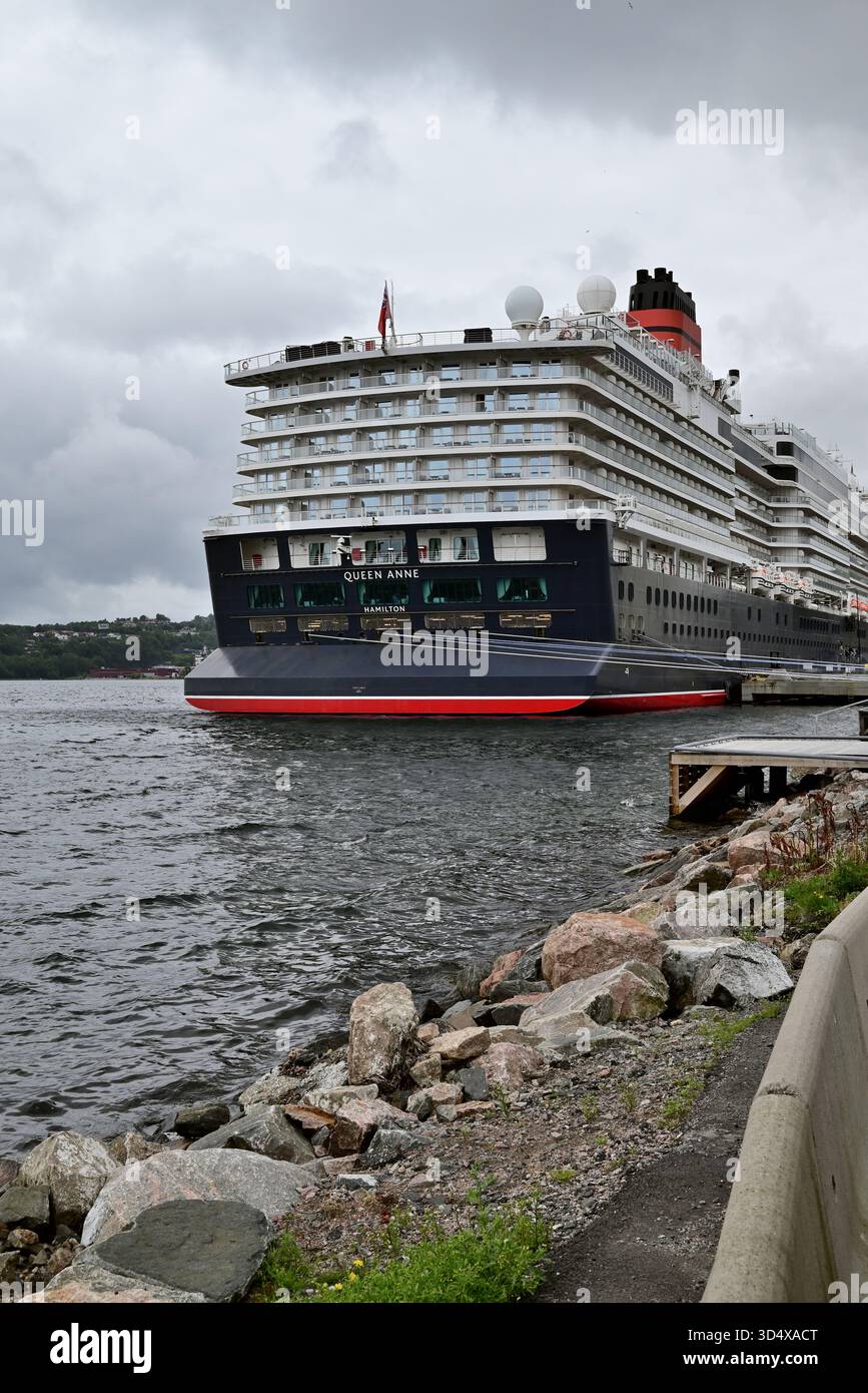 The aft section of Cunard cruise ship Queen Anne moored at Kristiansand ...
