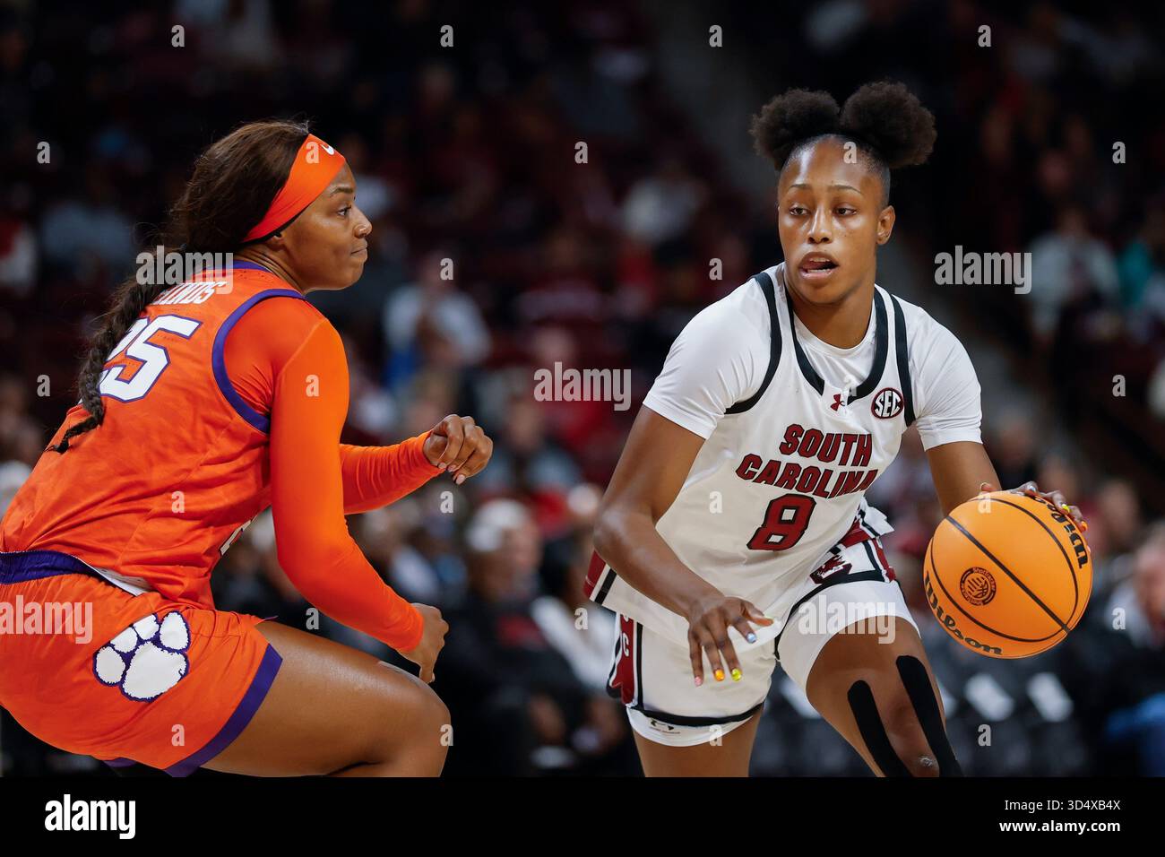 South Carolina forward Joyce Edwards (8) drives against Clemson forward ...