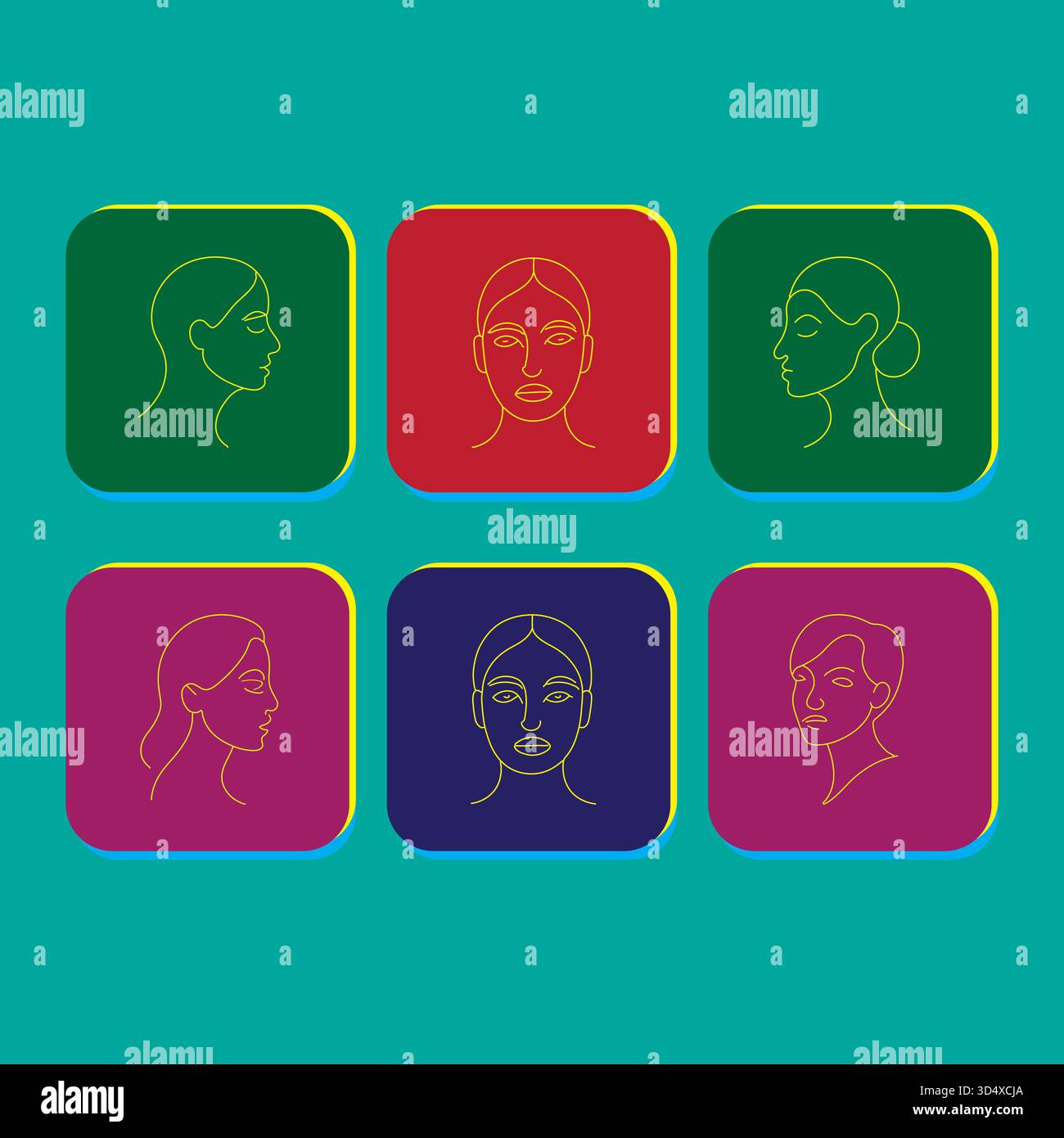 Six different stylized portraits of people depicted in varied colors ...