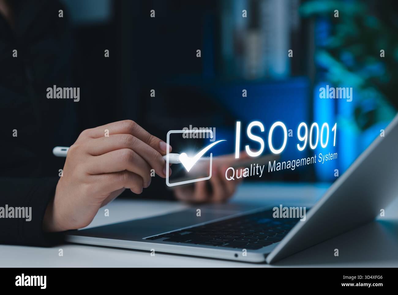 ISO 9001 Quality Management System Concept. Businessperson managing to ISO 9001 quality ...