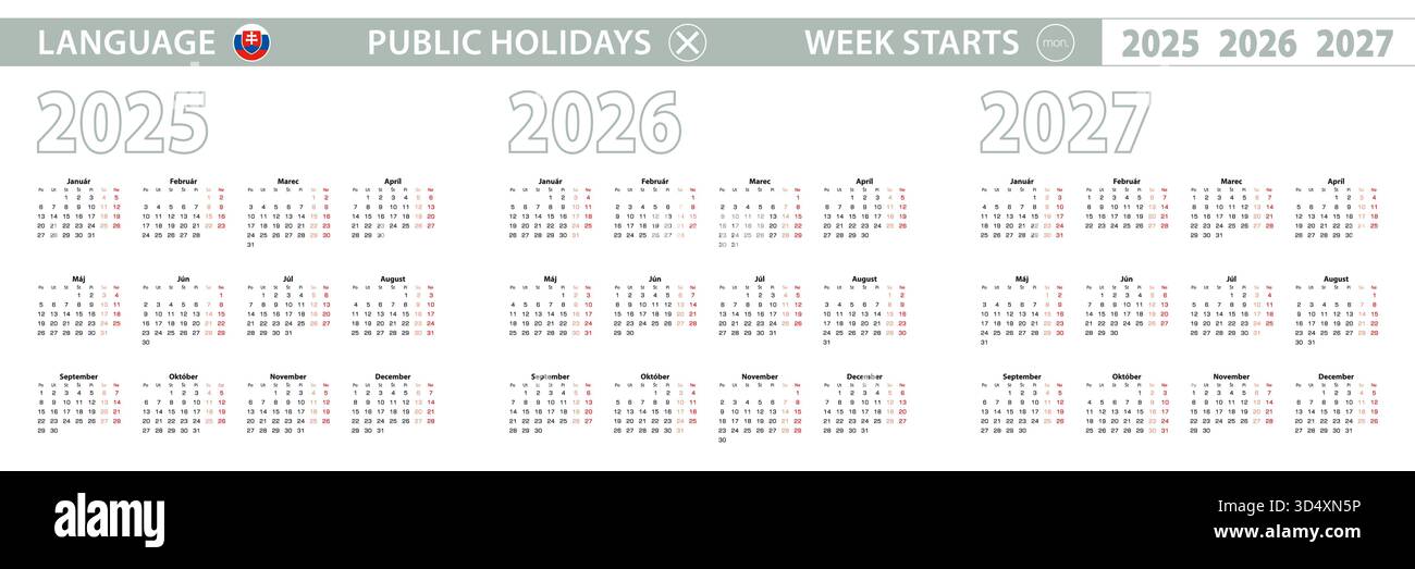 Simple calendar template in Slovak for 2025, 2026, 2027 years. Week ...
