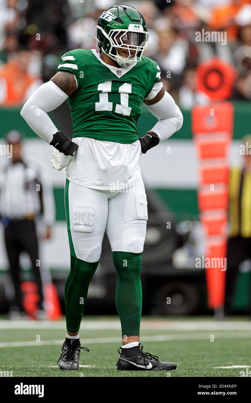 New York Jets linebacker Jermaine Johnson (11) reacts during an NFL ...