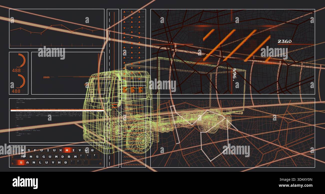 Displaying wireframe truck model rotating over digital city map, with ...