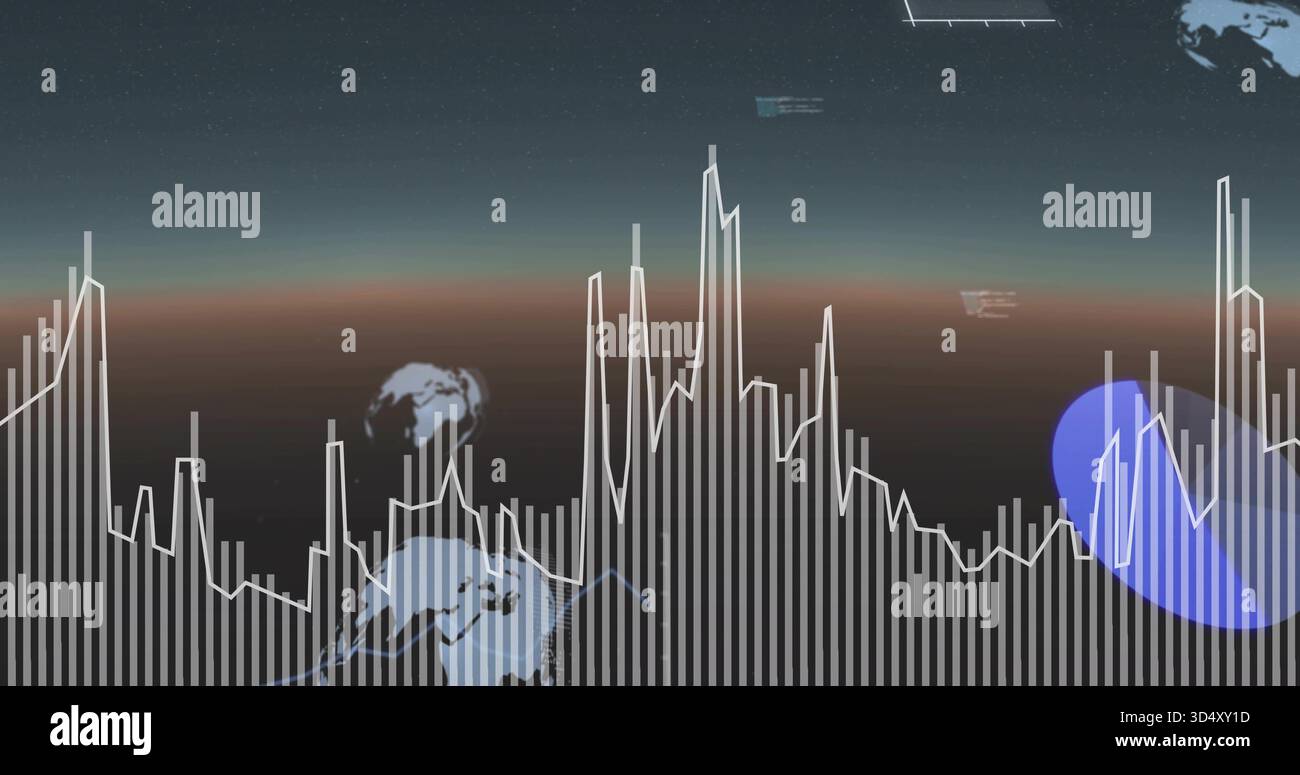 Displaying data visual showing vertical bars, white line, globe motifs ...