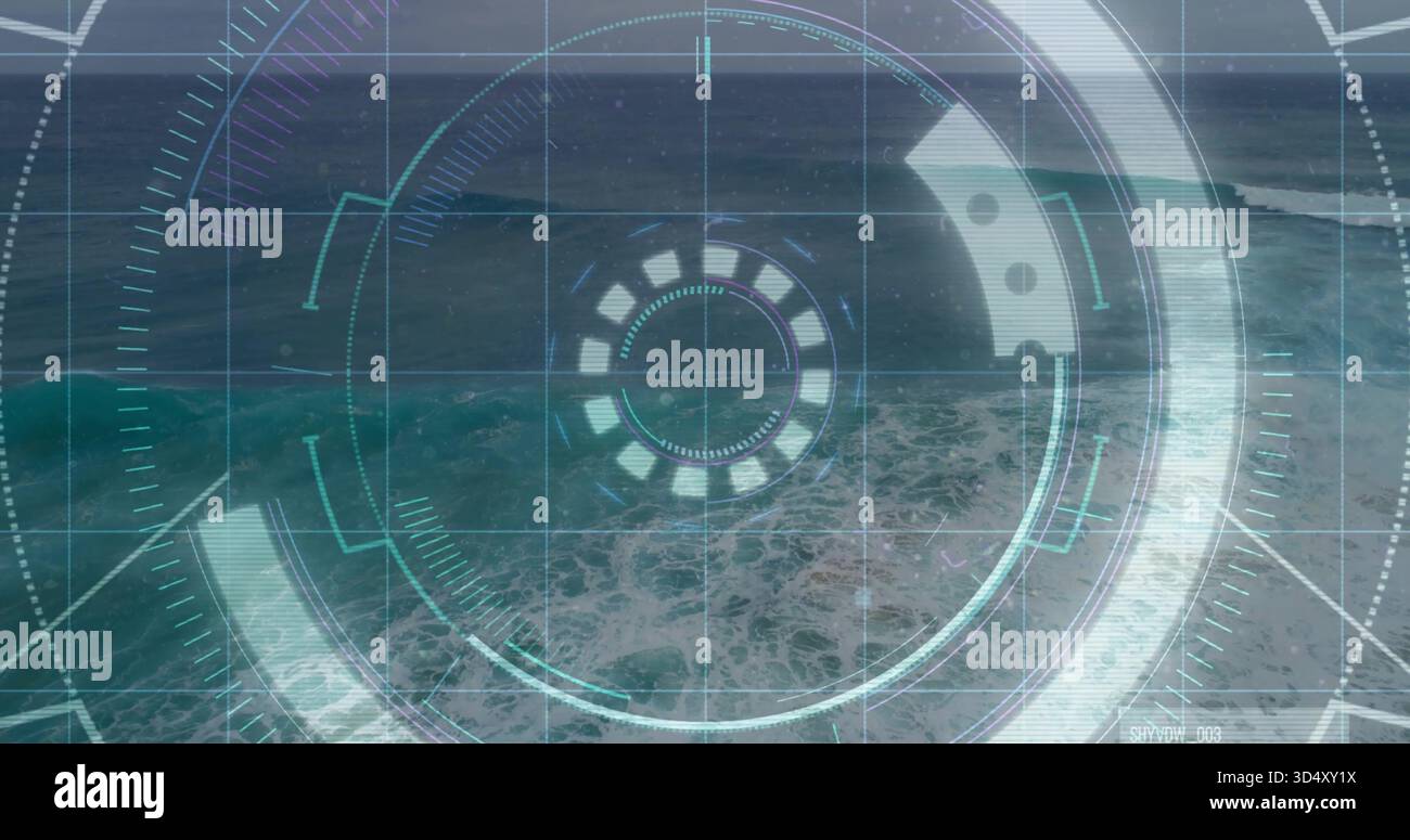 Overlaying circular HUD scanning coastal ocean from elevated view ...