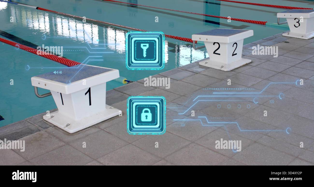 Showing white starting platform labeled 1 sitting at pool deck beside ...