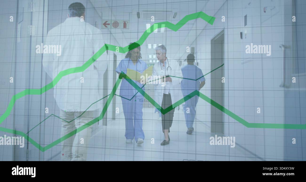 Walking nurse in scrubs and doctor in white coat talking in hospital ...