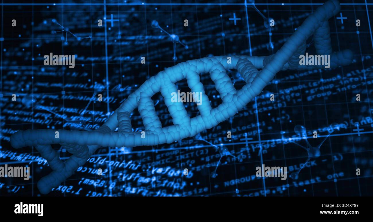 Rotating 3D blue DNA double helix twisting diagonally across navy data ...