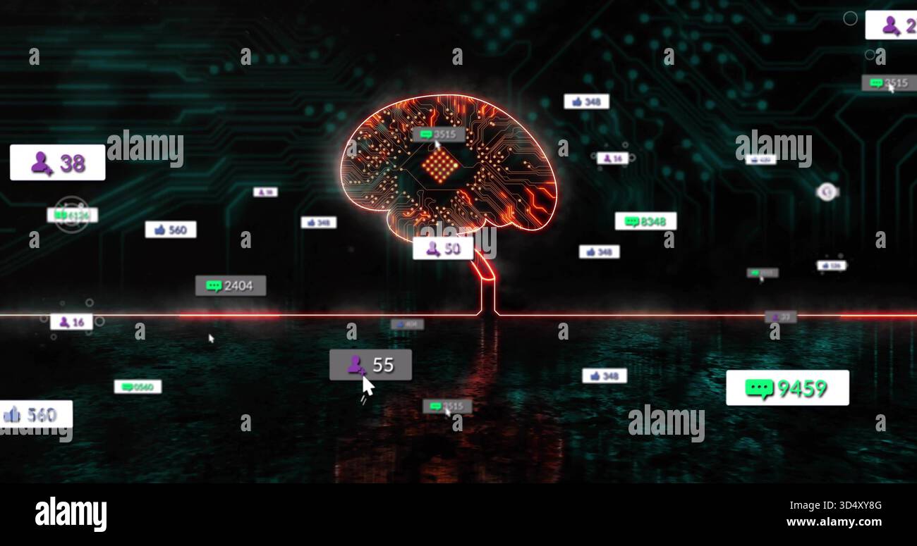 Glowing circuit brain icon pulsing above glossy plane, with neon trunk ...