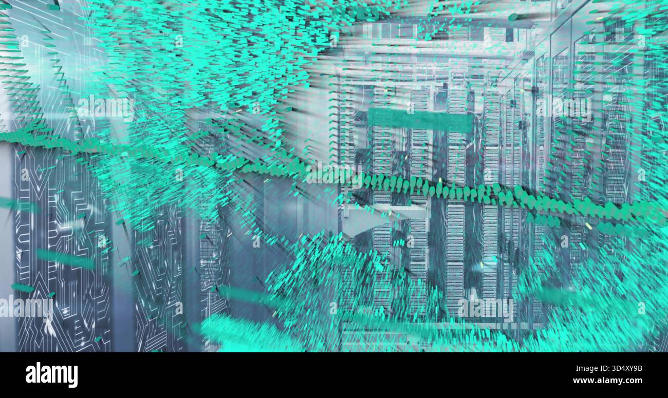 Glowing central server racks reflecting teal data visualization across ...