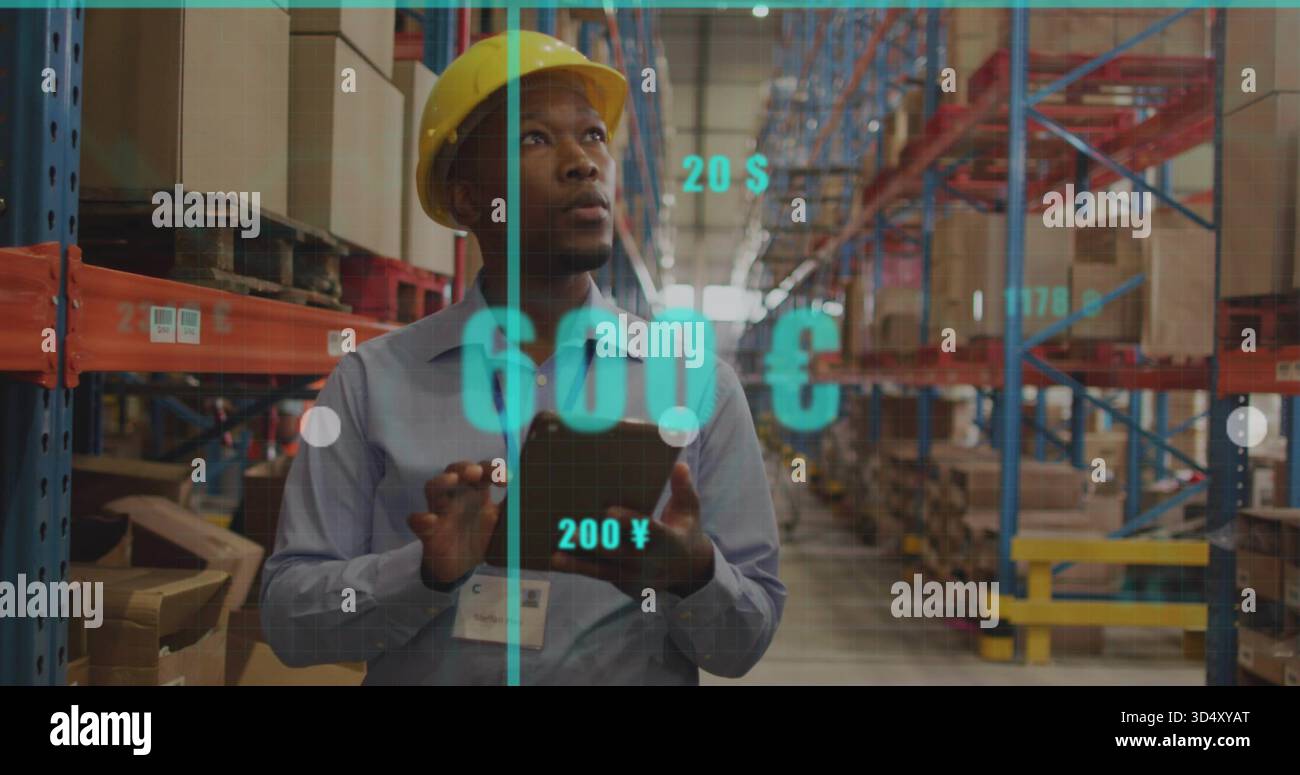Checking tablet, worker with yellow hard hat, blue shirt in pallet ...