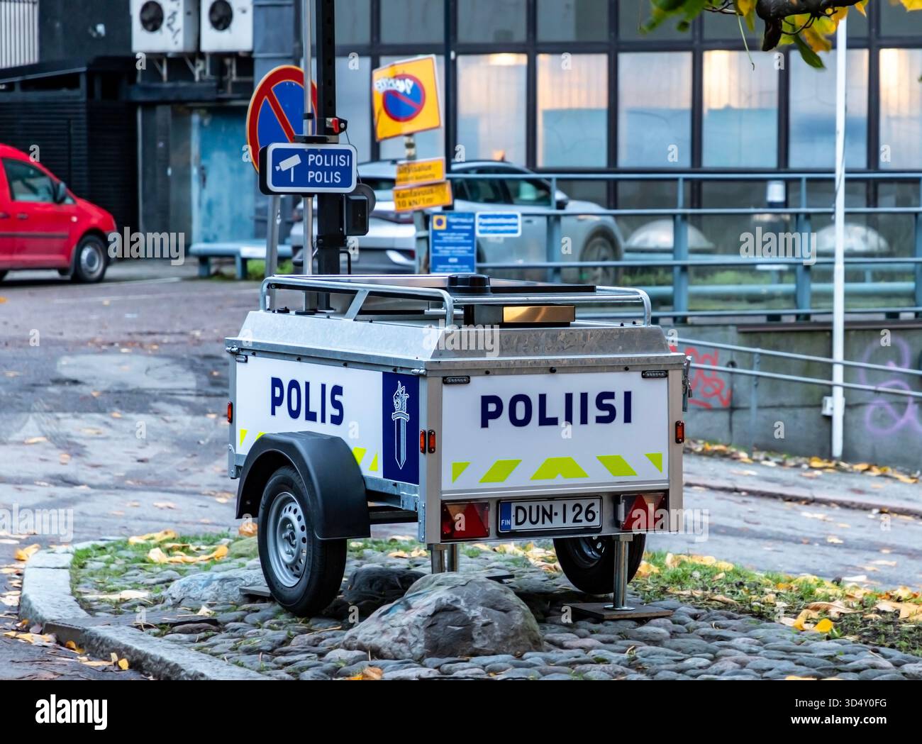 A police surveillance trailer in Vilhonvuorenkuja, which is located ...